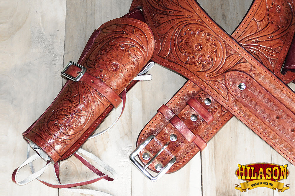 38 In Hilason Double Caliber 44/45 Leather Western Cowboy Gun Rig Hols ...